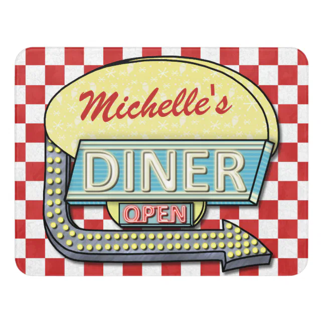 Diner Sign Red Checkered Retro 50s Personalized | Zazzle