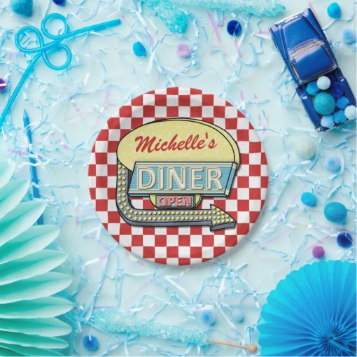 Diner Sign Retro 50s Red Checkered | Custom Name Paper Plates | Zazzle