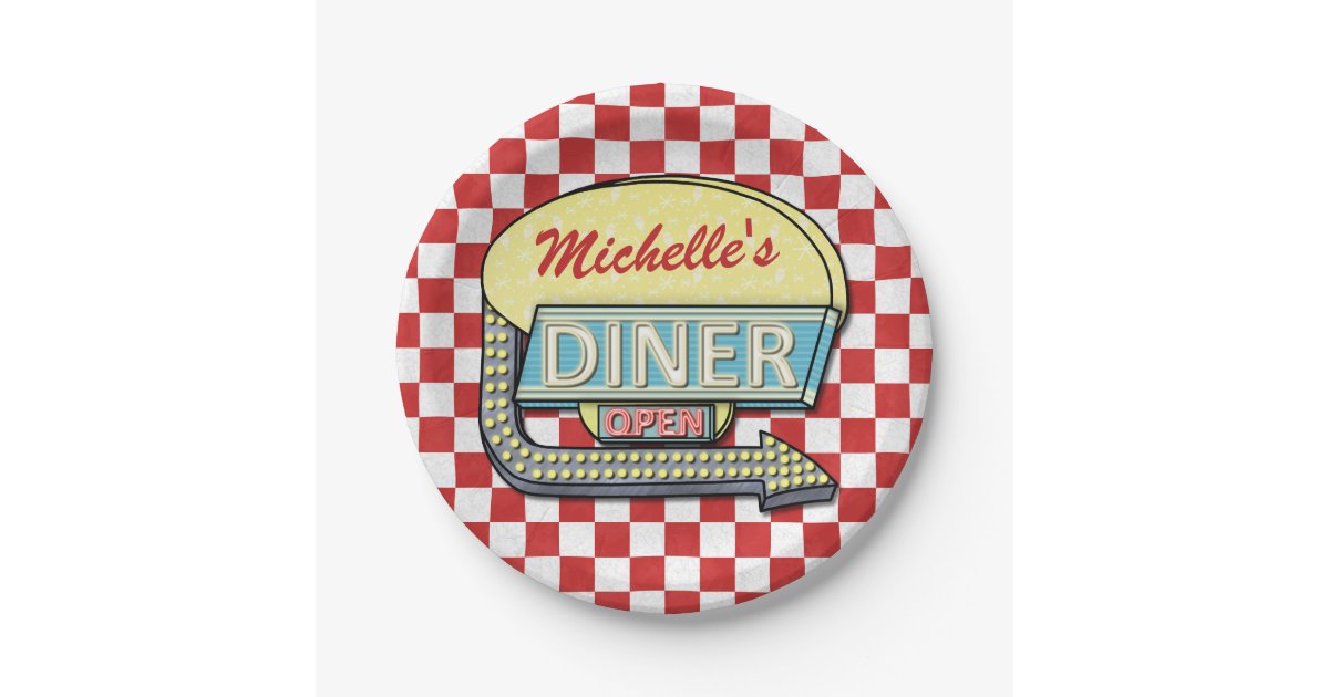 Diner Sign Retro 50s Red Checkered | Custom Name Paper Plates | Zazzle