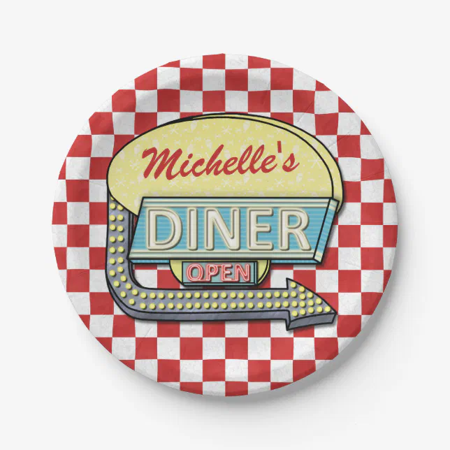 Diner Sign Retro 50s Red Checkered | Custom Name Paper Plates | Zazzle