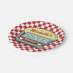 Diner Sign Retro 50s Red Checkered | Custom Name Paper Plates | Zazzle