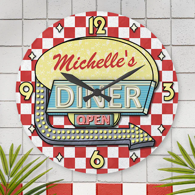 Diner Sign Retro 50s Red Checkered | Custom Name Round Clock | Zazzle