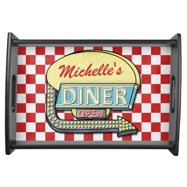 Diner Sign Retro 50s Red Checkered | Custom Name Serving Tray | Zazzle