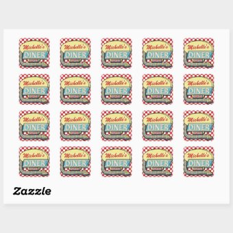Diner Sign Retro 50s Red Checkered | Custom Name Square Sticker | Zazzle
