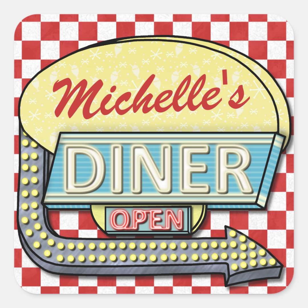 Diner Sign Retro 50s Red Checkered | Custom Name Square Sticker | Zazzle