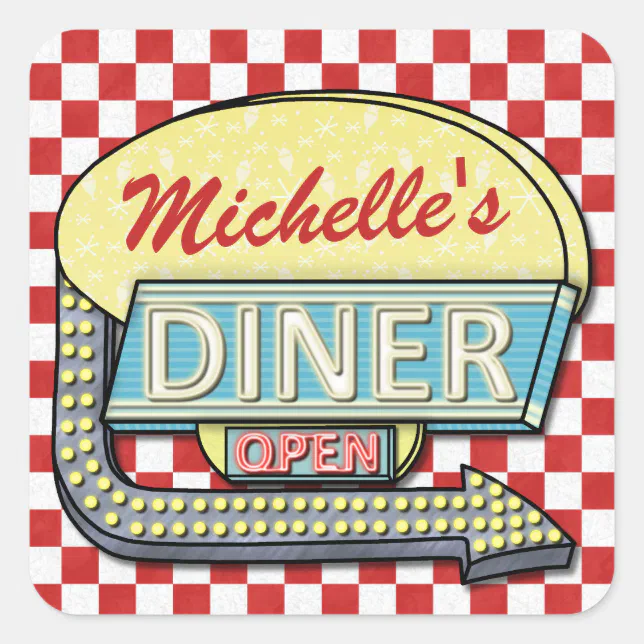 Diner Sign Retro 50s Red Checkered | Custom Name Square Sticker | Zazzle