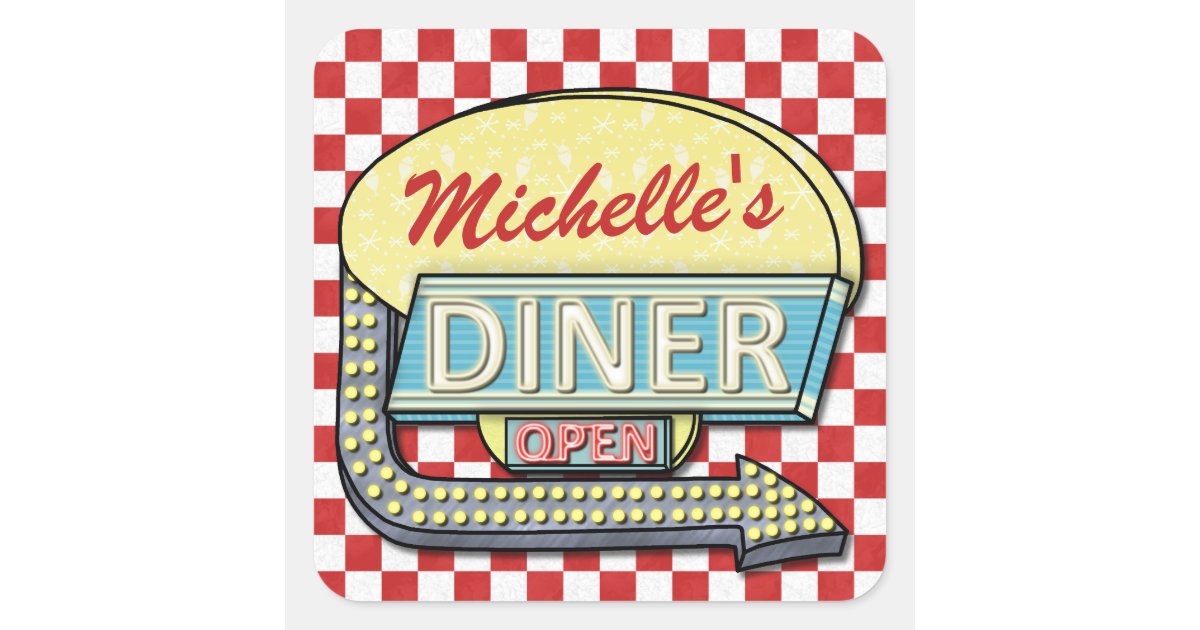 Diner Sign Retro 50s Red Checkered | Custom Name Square Sticker | Zazzle