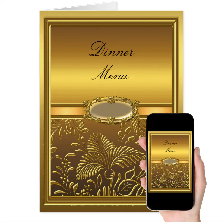 Dinner Menu Card Gold Damask Floral | Zazzle
