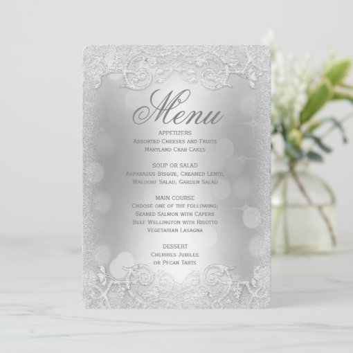 Dinner Menu | Silver Faux Glitter | Zazzle