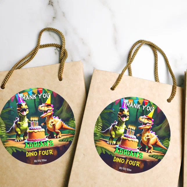 Dino four dinosaur birthday thank you favor classic round sticker | Zazzle