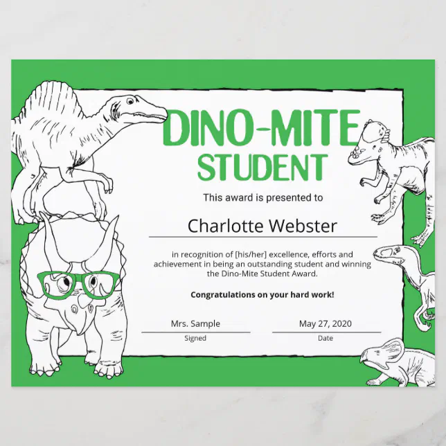 Dino-Mite Student Recognition Certificates | Zazzle
