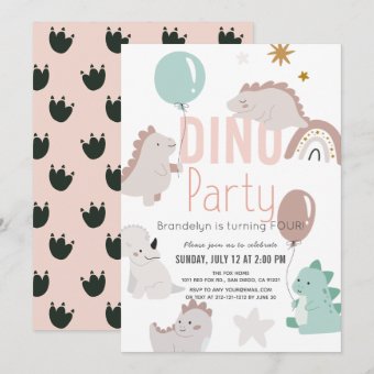 Dino Party Pink Dinosaur Girl Birthday Invitation | Zazzle