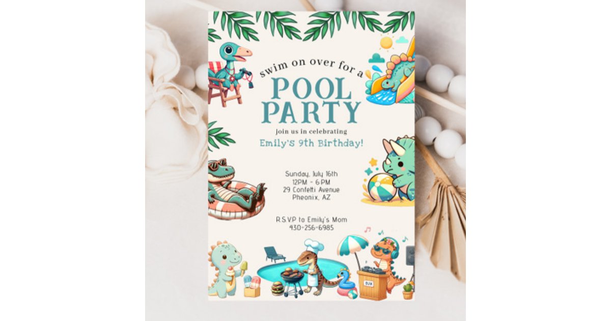 Dino Pool Party Birthday Invitation | Zazzle