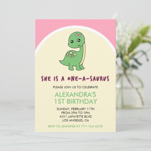 Dinosaur 1st birthday invitation girl one a saurus | Zazzle
