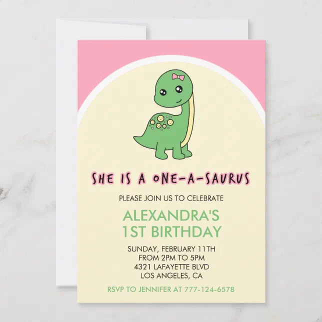 Dinosaur 1st birthday invitation girl one a saurus | Zazzle