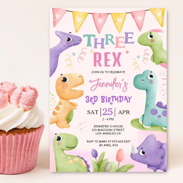 Dinosaur 3rd Birthday Girl Cute Three Rex Birthday Invitation | Zazzle