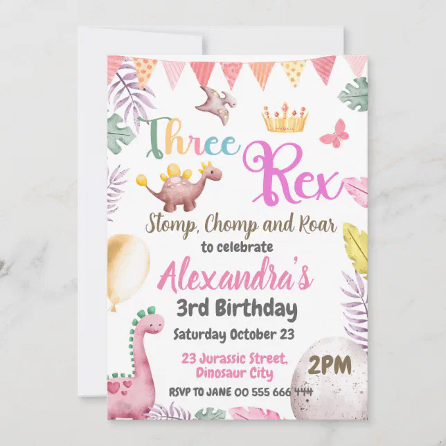Dinosaur 3rd Birthday Three Rex Girl Invitation | Zazzle