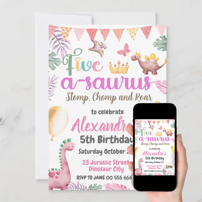 Dinosaur 5th Birthday Girl Five A-Saurus Party Invitation | Zazzle
