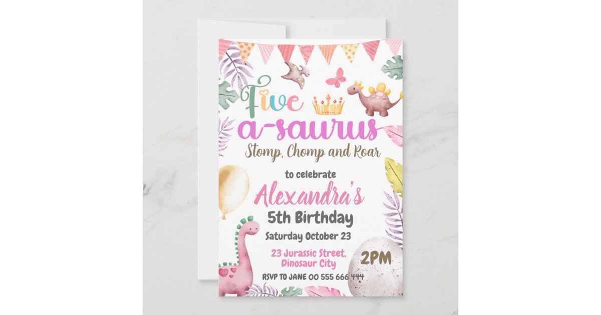 Dinosaur 5th Birthday Girl Five A-Saurus Party Invitation | Zazzle