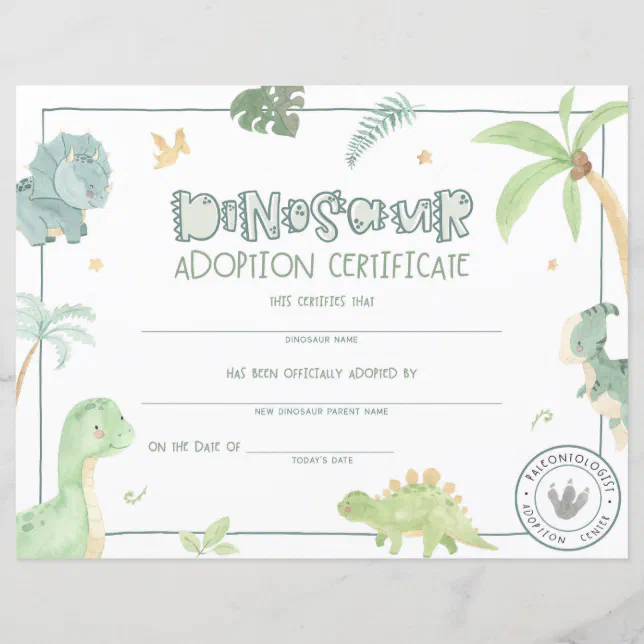 Dinosaur Adoption Certificate | Zazzle