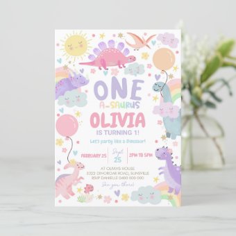 DINOSAUR BIRTHDAY Invitation Girl One-a-saurus | Zazzle