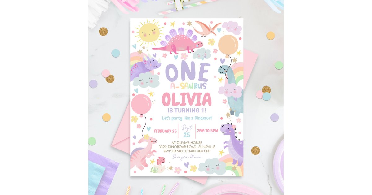 DINOSAUR BIRTHDAY Invitation Girl One-a-saurus | Zazzle