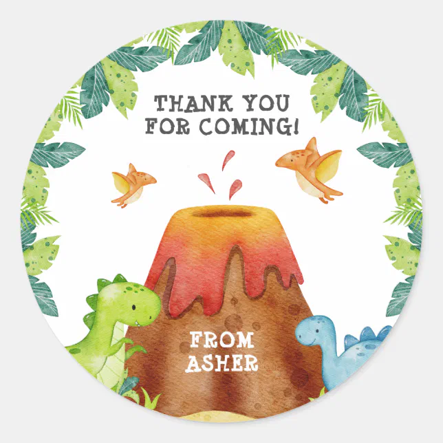 Dinosaur Birthday Party Thank You Classic Round Sticker | Zazzle