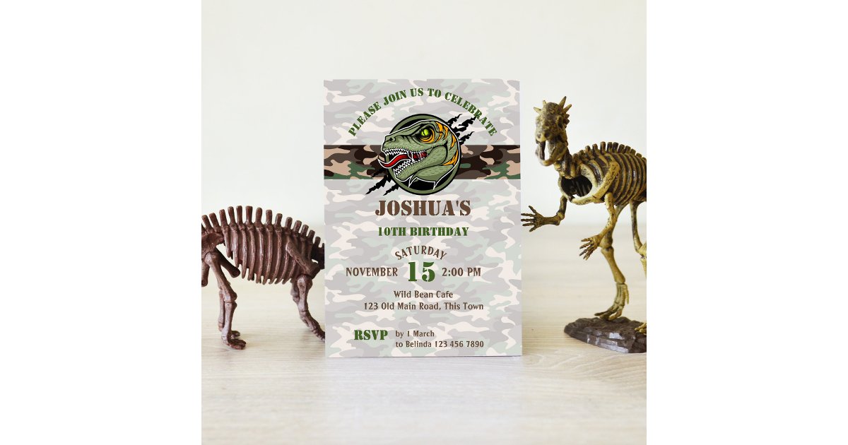 Dinosaur birthday raptor army camouflage scratch invitation | Zazzle