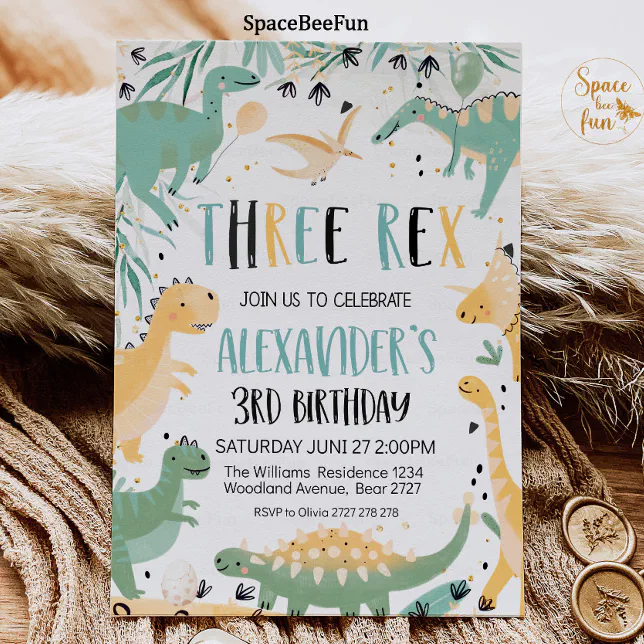 Dinosaur Birthday Three Rex Invitation Boy Dino | Zazzle