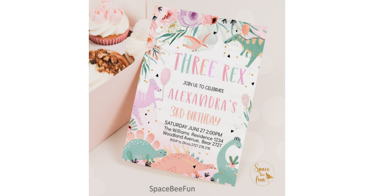 Dinosaur Birthday Three Rex Invitation Girl Dino | Zazzle