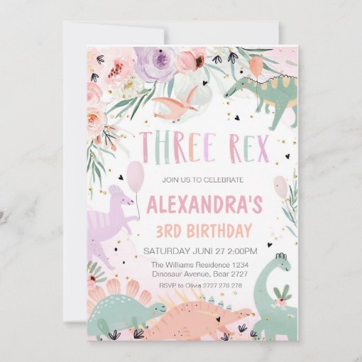 Dinosaur Birthday Three Rex Invitation Girl Dino | Zazzle