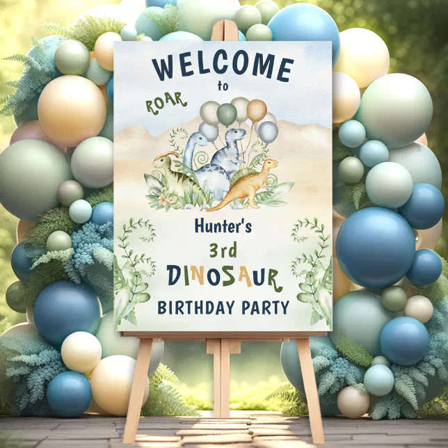 Dinosaur Boy Blue Green Birthday Welcome Sign | Zazzle