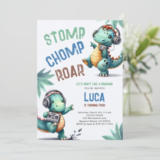 Dinosaur Break Dance Stomp Chomp Roar Boy Birthday Invitation | Zazzle
