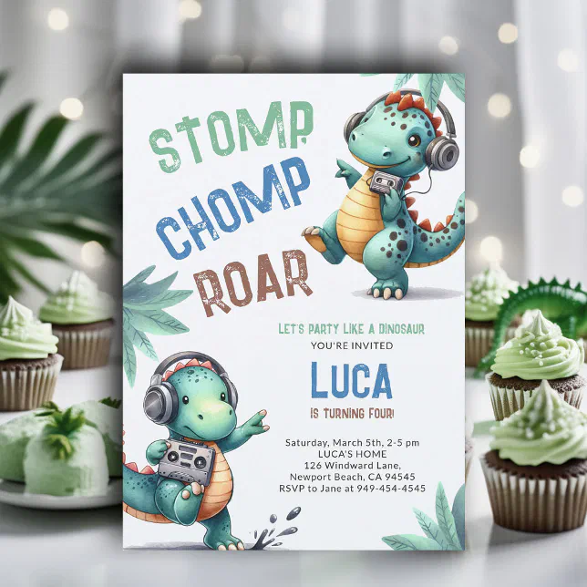 Dinosaur Break Dance Stomp Chomp Roar Boy Birthday Invitation | Zazzle