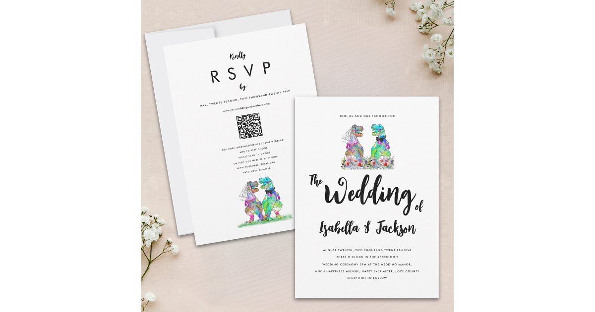 Dinosaur Bride and Groom Boho Wildflower Wedding Invitation | Zazzle
