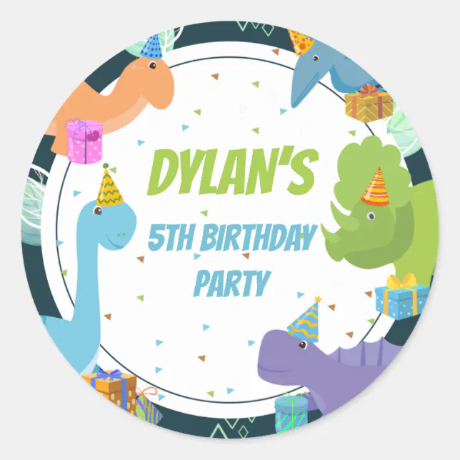 Dinosaur Confetti Themed Kids Party Birthday Classic Round Sticker | Zazzle