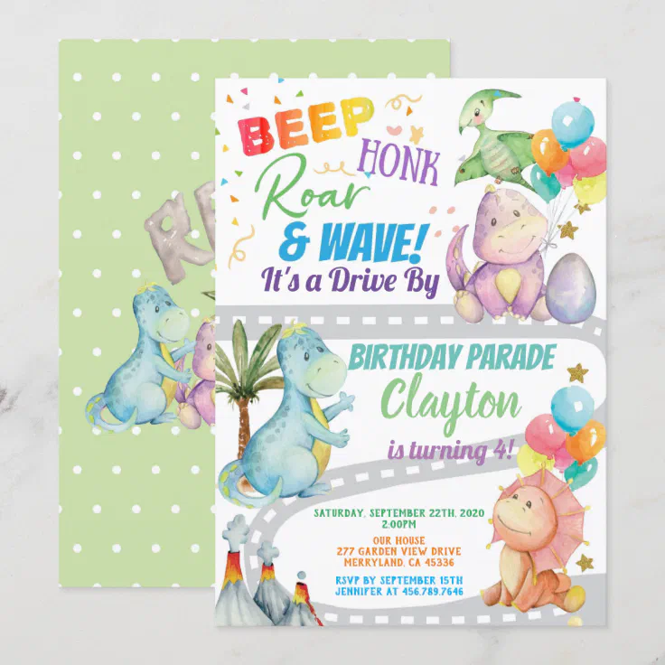 Dinosaur Drive Through Birthday Party Parade Invitation | Zazzle