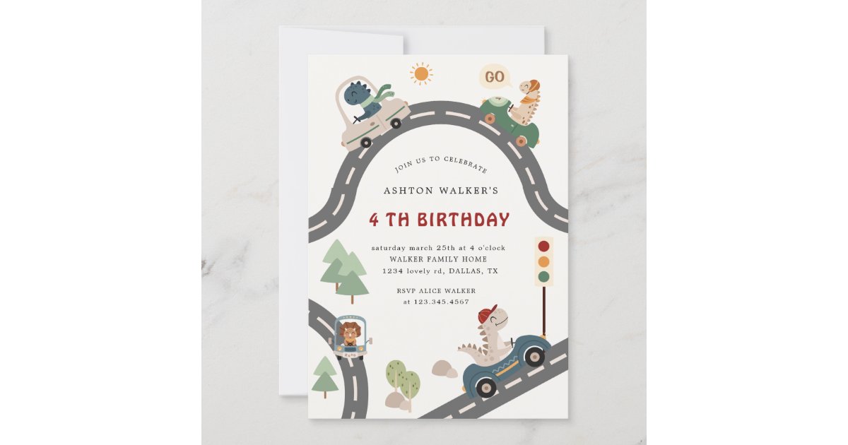Dinosaur Driver Party Animals Kids Birthday Invitation | Zazzle