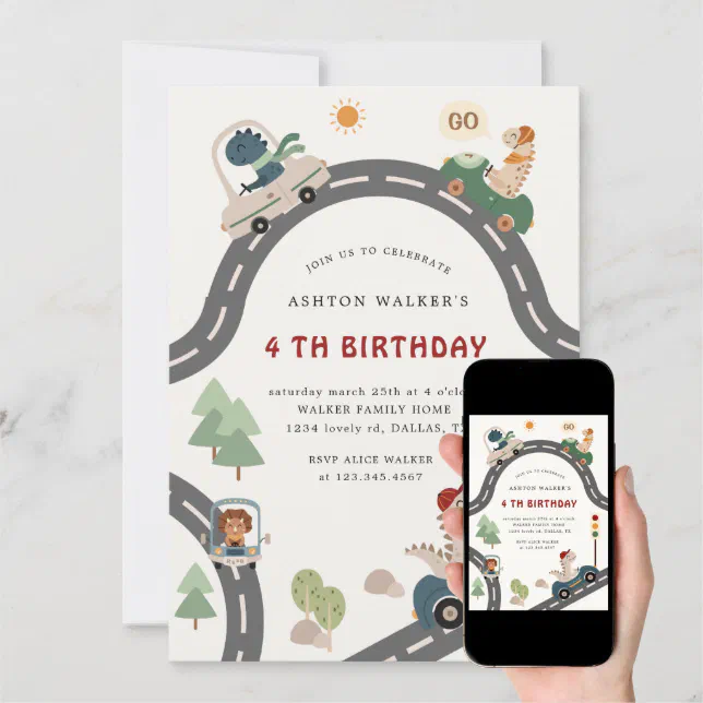 Dinosaur Driver Party Animals Kids Birthday Invitation | Zazzle