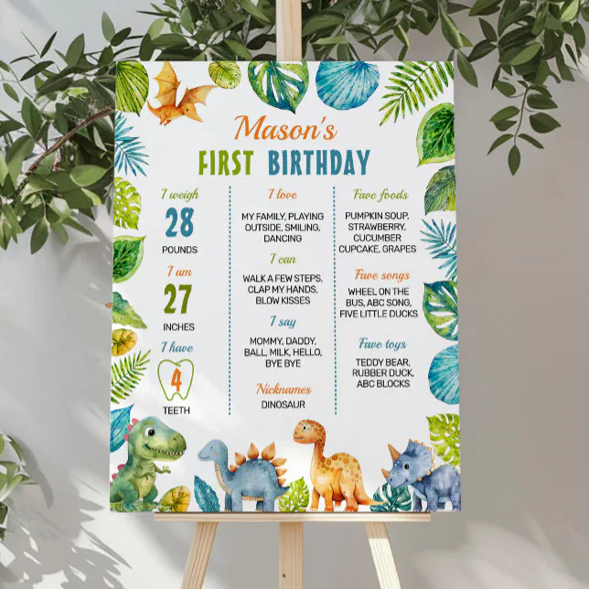 Dinosaur First Birthday Milestone Poster | Zazzle