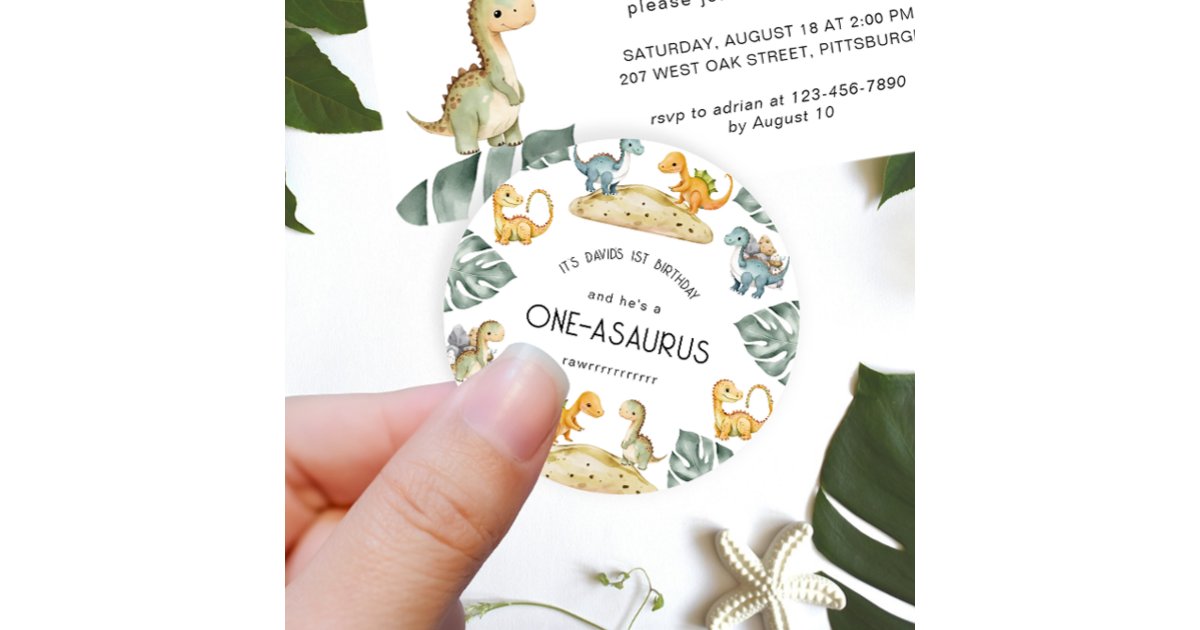 Dinosaur First Birthday Oneasaurus Party Classic Round Sticker | Zazzle
