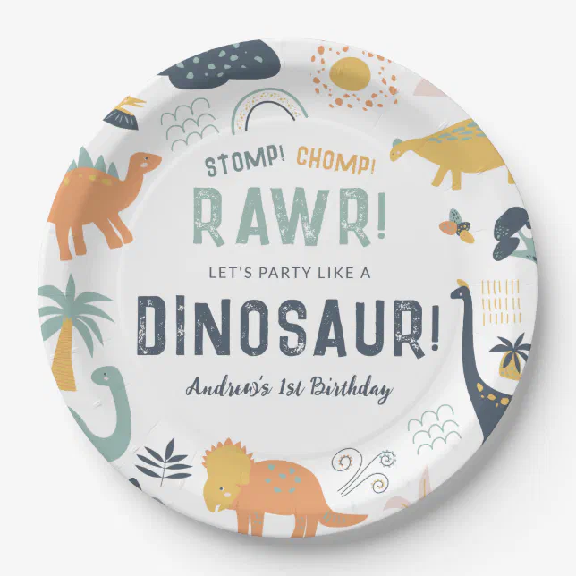 Dinosaur First Birthday Stomp Chomp Roar Paper Plates | Zazzle