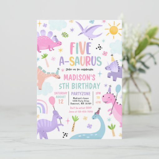 Dinosaur Five-A-Saurus 5th Birthday Party Invitation | Zazzle
