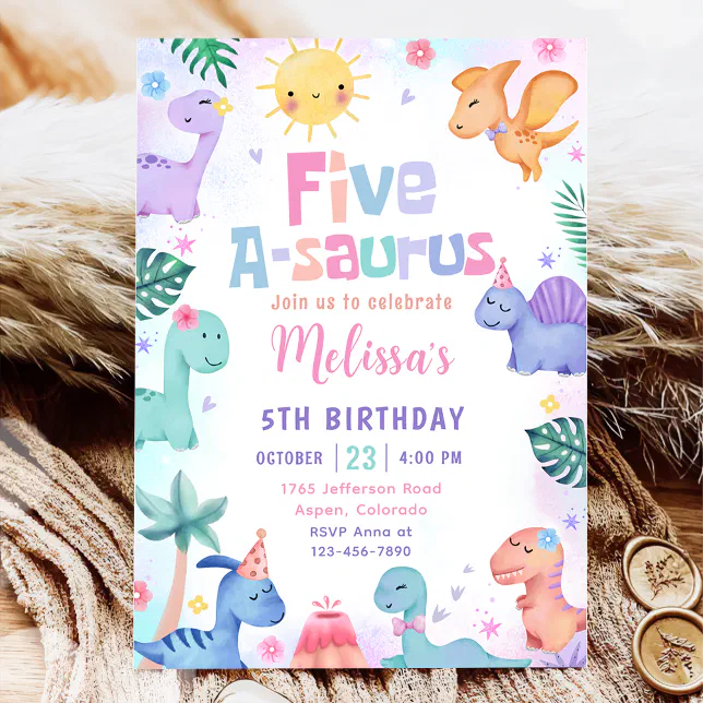 Dinosaur Five-A-Saurus 5th Birthday Party Invitation | Zazzle