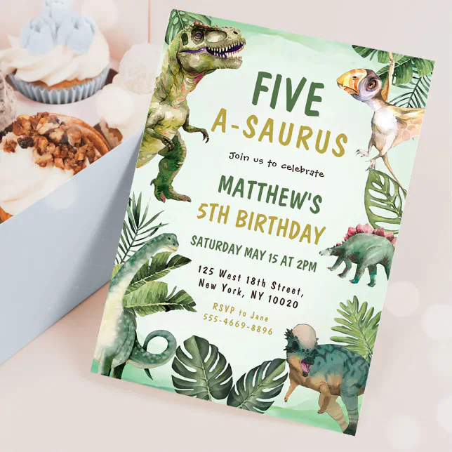 Dinosaur Five-A-Saurus 5th Birthday Party Invitation | Zazzle