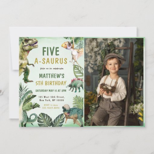 Dinosaur Five-A-Saurus 5th Birthday Party Photo Invitation | Zazzle