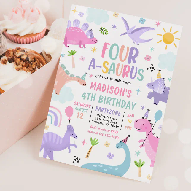 Dinosaur Four-A-Saurus 4th Birthday Party Invitation | Zazzle