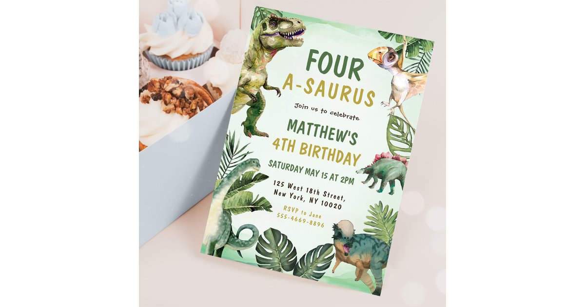Dinosaur Four-A-Saurus 4th Birthday Party Invitation | Zazzle