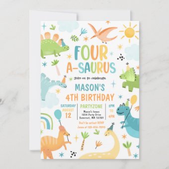 Dinosaur Four-A-Saurus 4th Birthday Party Invitation | Zazzle