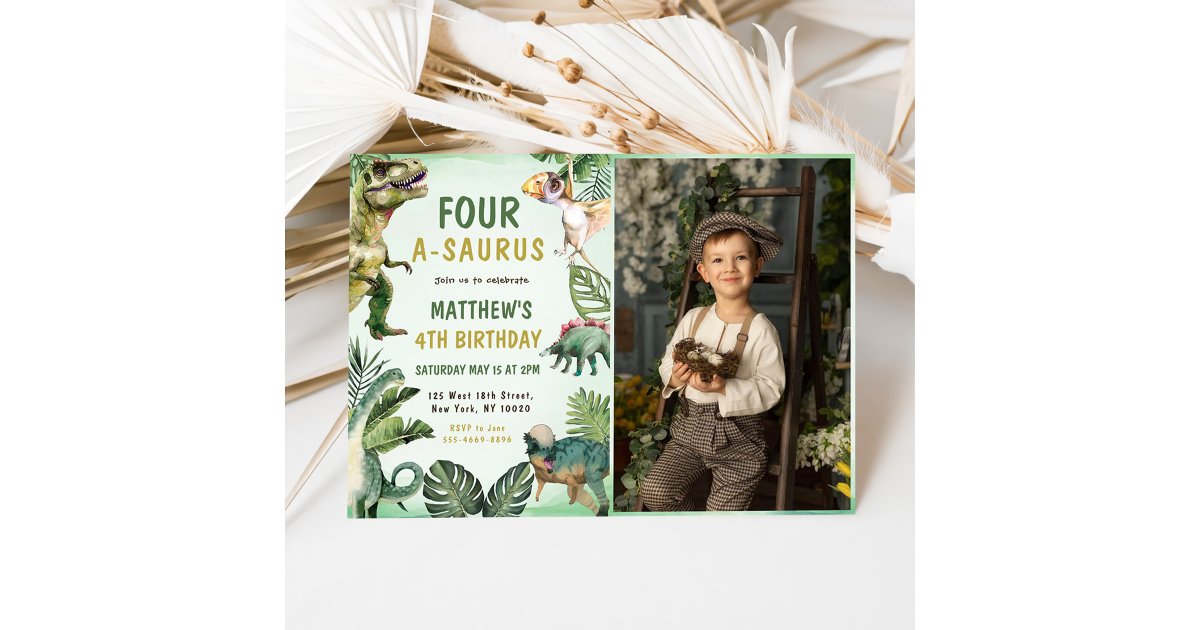 Dinosaur Four-A-Saurus 4th Birthday Party Photo Invitation | Zazzle